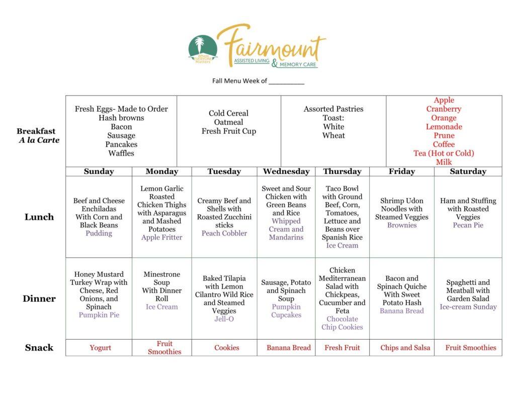 Dining Menu - Fairmount Assisted Living & Memory Care